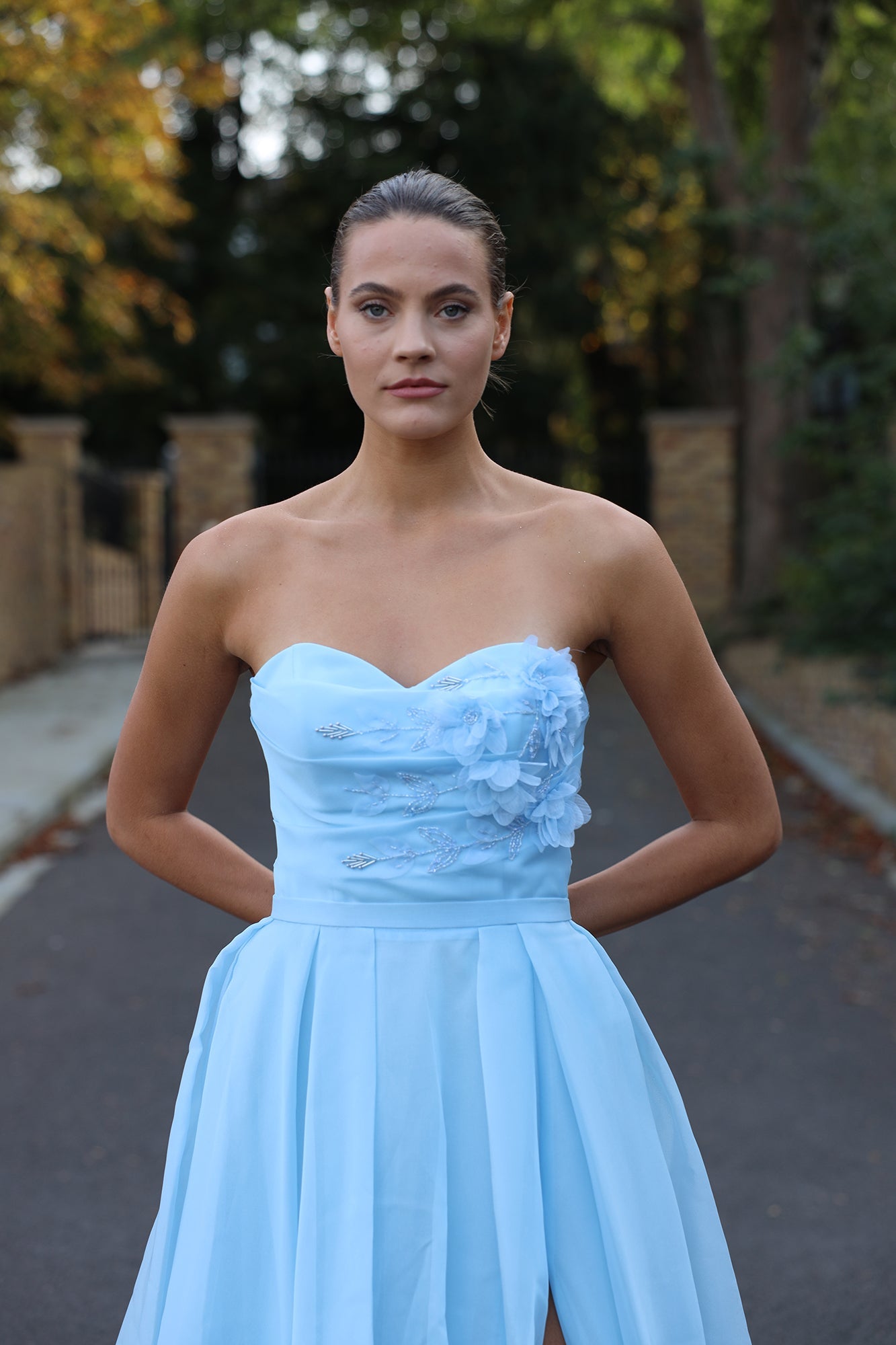 Eira - Floral strapless long sleeve slit wedding guest dress – Galisa Grace